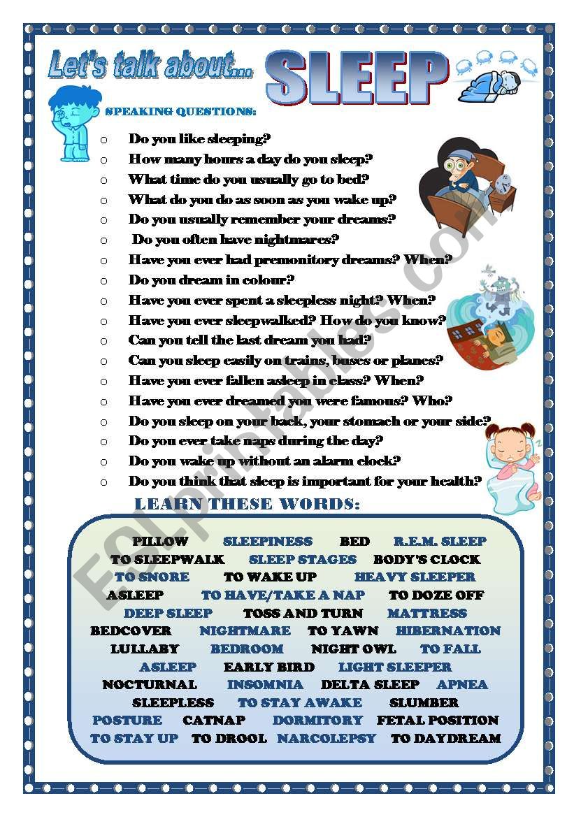 LET´S TALK ABOUT SLEEP (SPEAKING SERIES 36) - ESL worksheet by joebcn