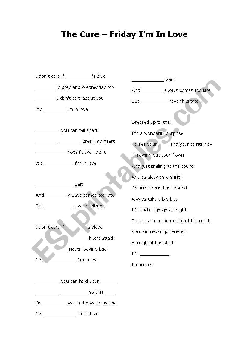 Song about the days of the week-Friday I´m in love by The Cure - ESL ...