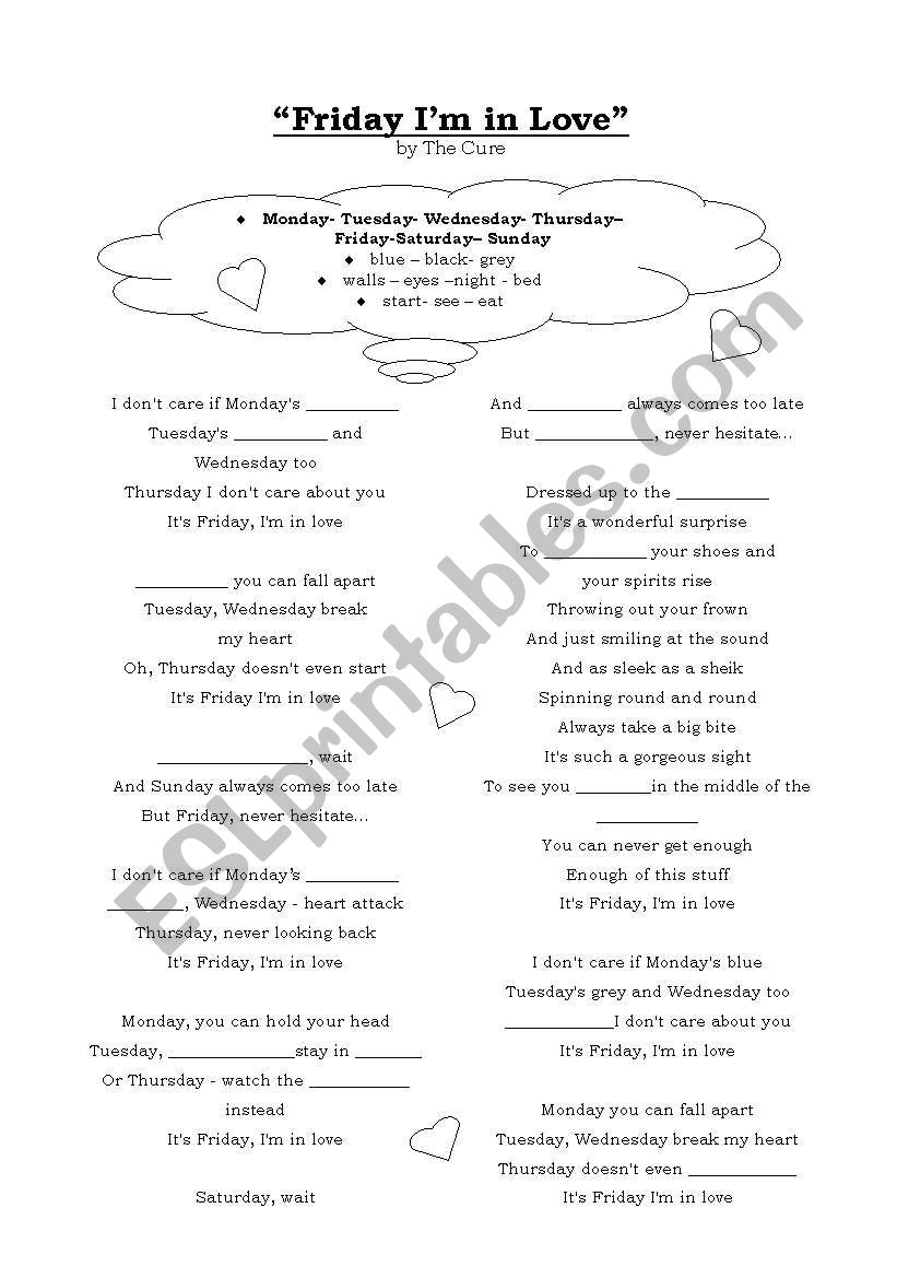 Friday I´m in Love - ESL worksheet by LauraYanz