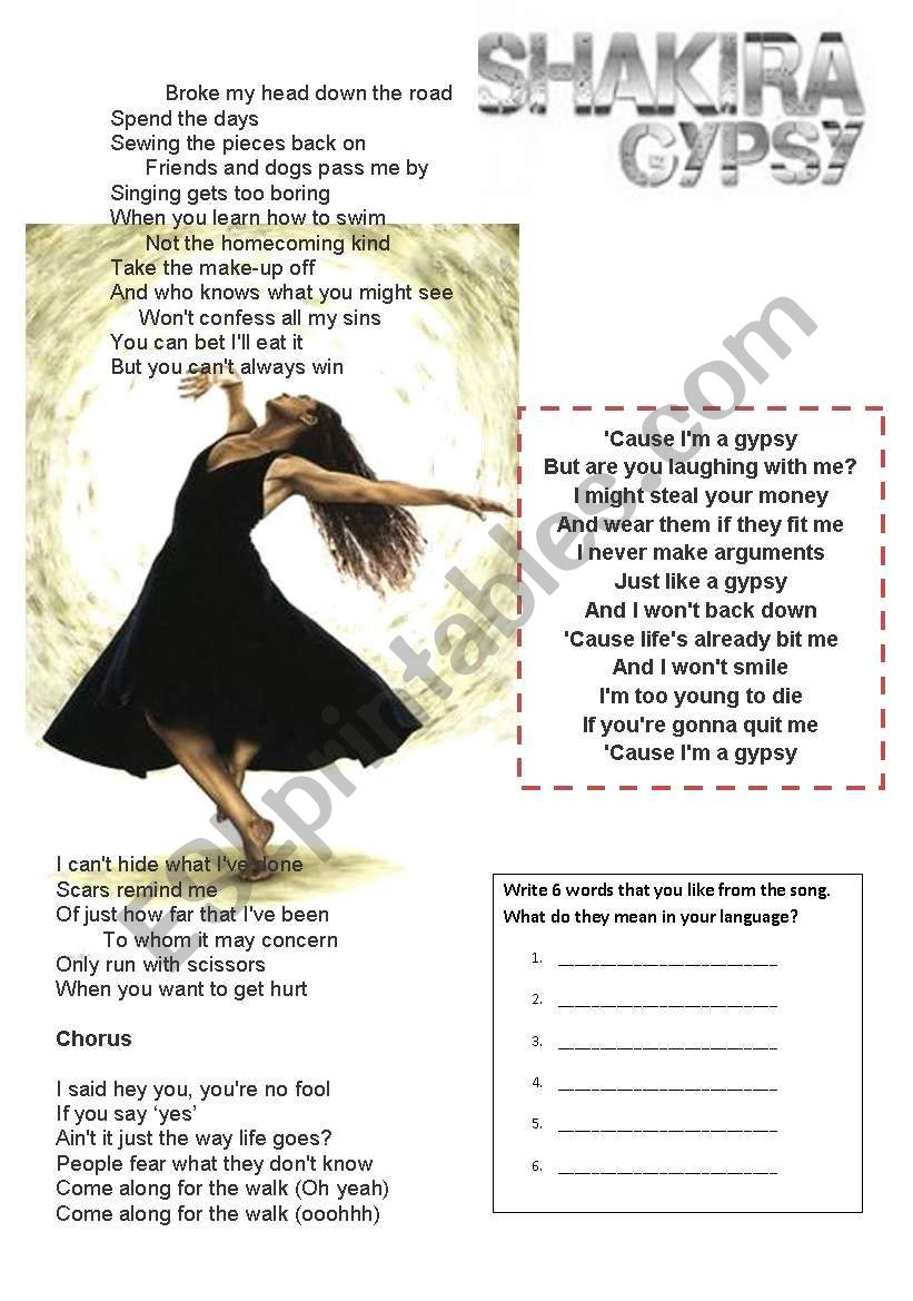 I´m a gypsy: Shakira - ESL worksheet by KatieFou