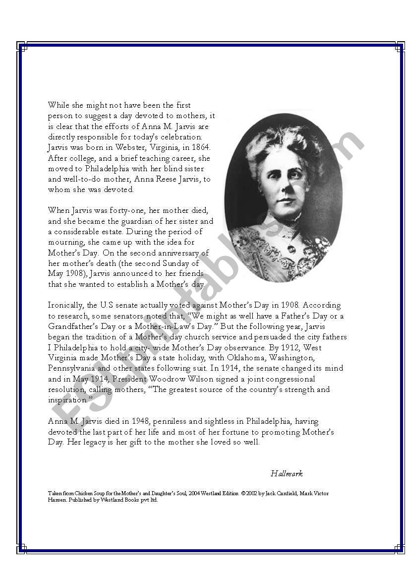 Reading Passage- Mother´s Day ENTIRE LESSON PLAN - ESL worksheet by ...