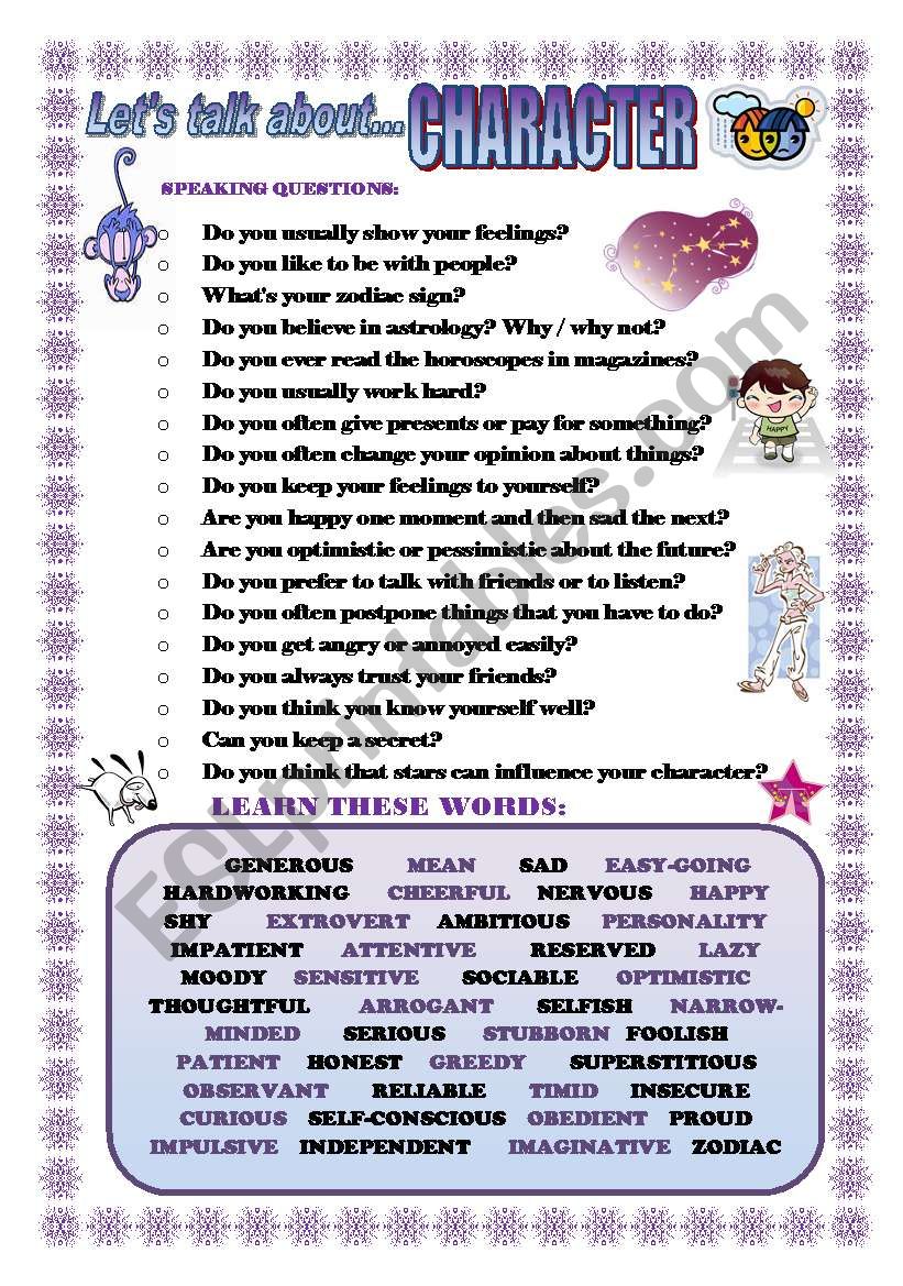 LET´S TALK ABOUT CHARACTER (SPEAKING SERIES 37) - ESL worksheet by joebcn