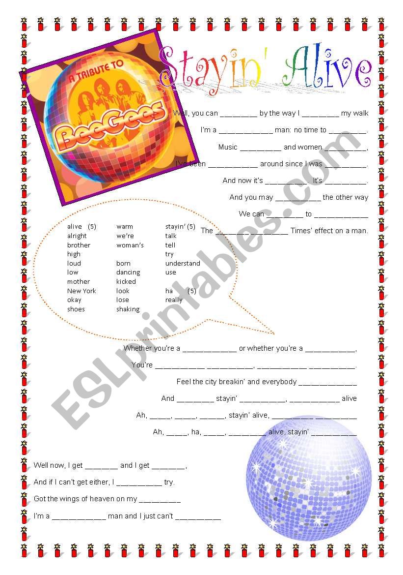 BeeGees: Stayin´ Alive - ESL worksheet by lillellis