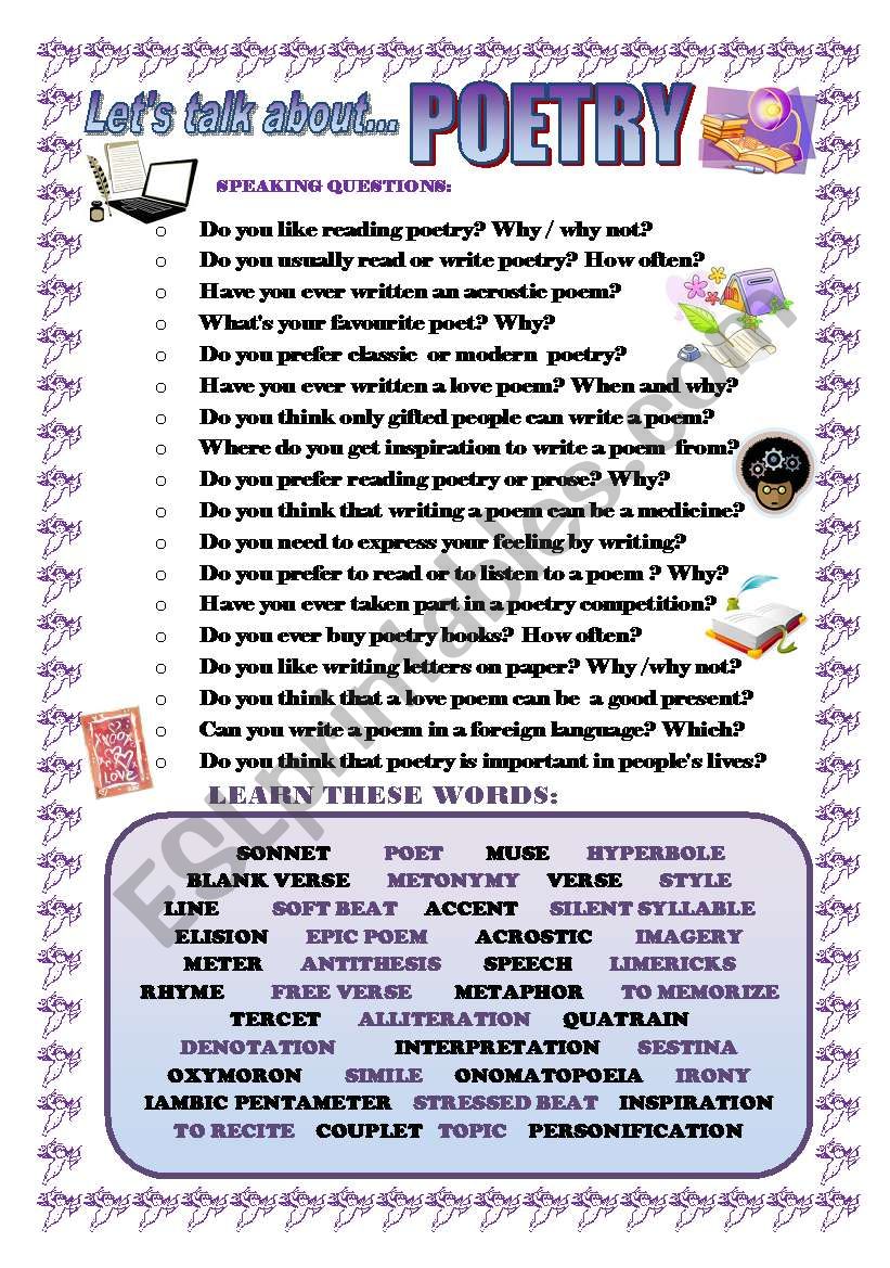 LET´S TALK ABOUT POETRY (SPEAKING SERIES 42) - ESL worksheet by joebcn