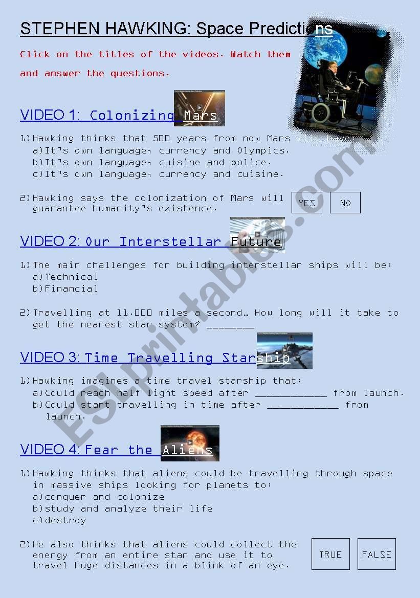 Stephen Hawking´s space predictions - ESL worksheet by Tomás Alvarez