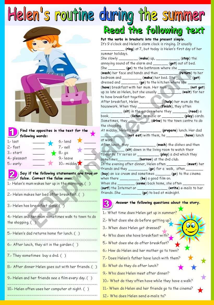 HELEN´S ROUTINE DURING THE SUMMER (B&W VERSION+ KEY INCLUDED) - ESL ...
