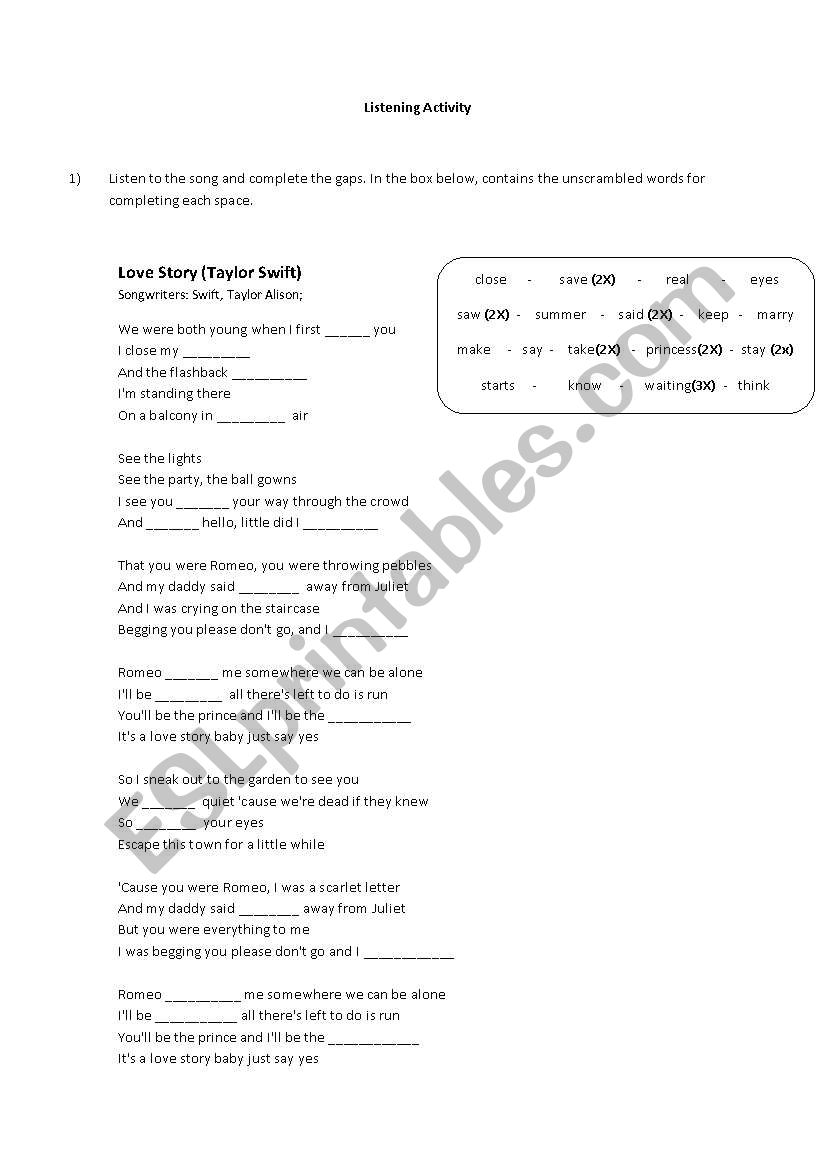 English worksheets: Listening Activity - Taylor Swift´s song - Love Story