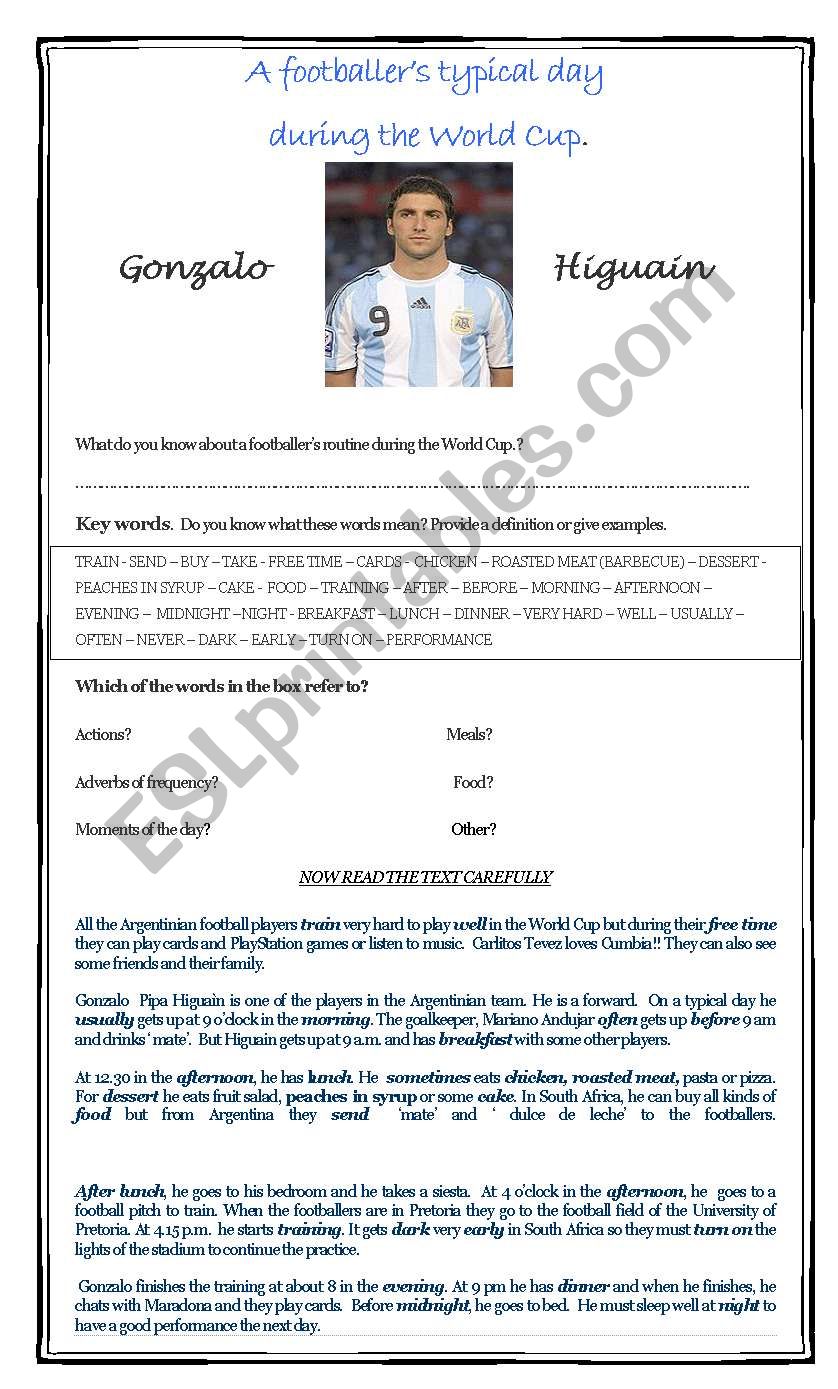 ROUTINES: A FOOTBALLER´S TYPICAL DAY DURING THE WORLD CUP - ESL ...