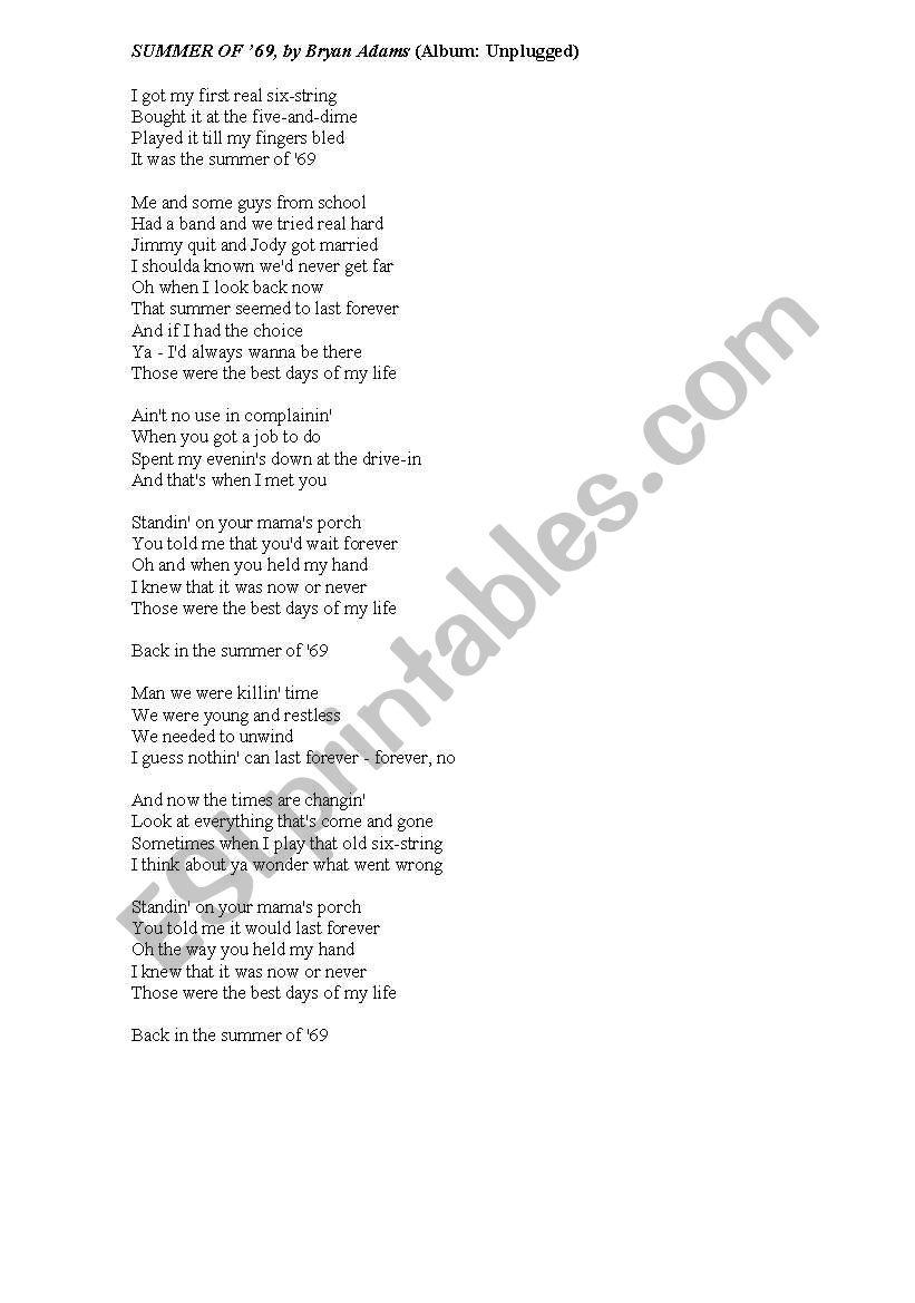 Song "Summer of ´69´ by Brian Adams - ESL worksheet by mariaghnet
