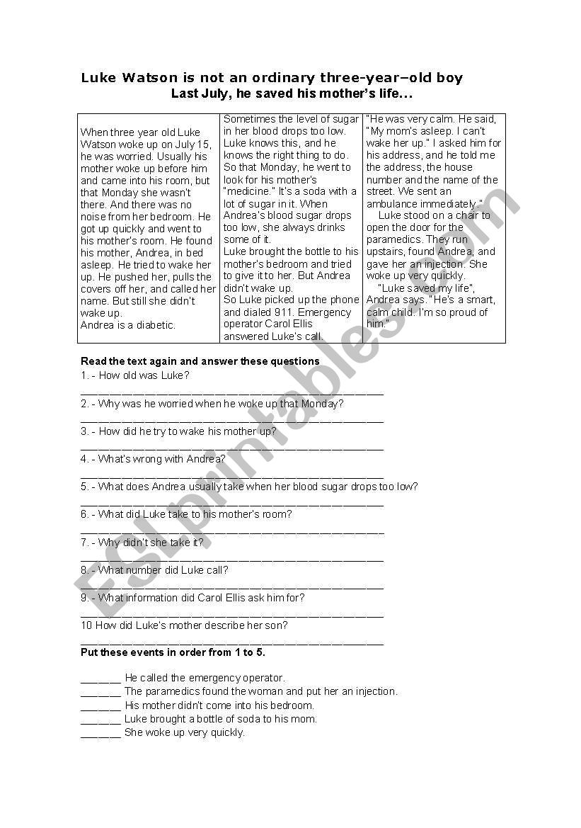 A THREE YEAR OLD BOY SAVED HIS MOTHER´S LIFE - ESL worksheet by malgeda