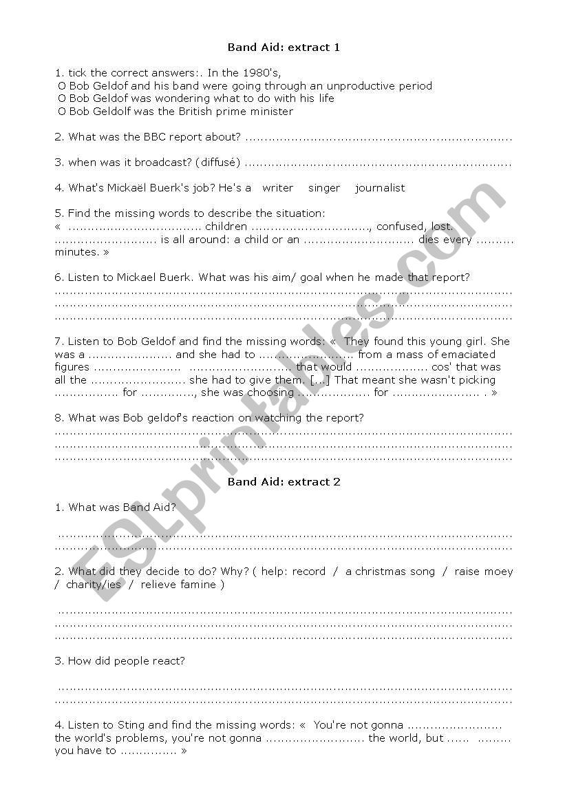 English worksheets: Band aid and do they know it´s Xmas time CD
