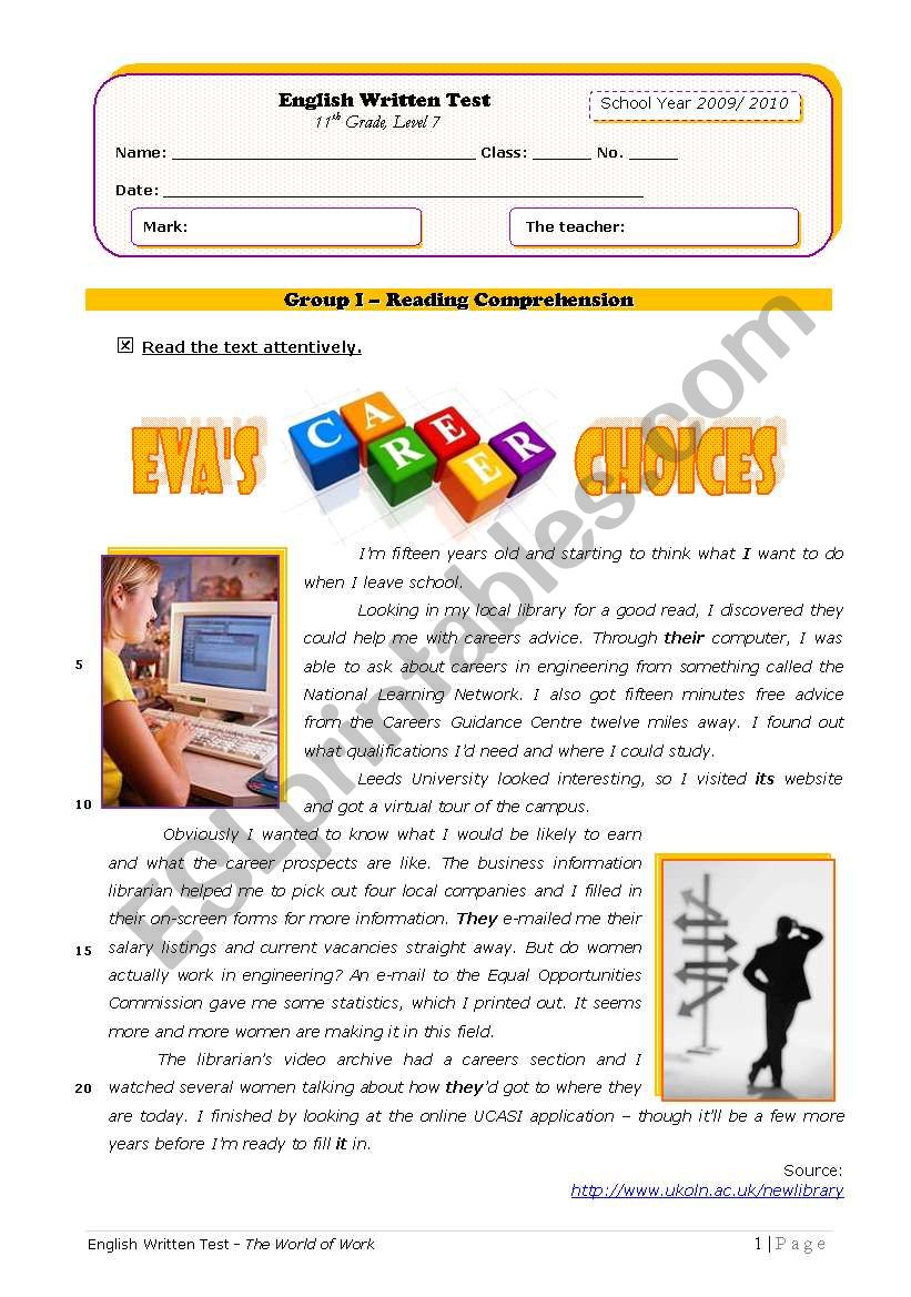 World of Work - Eva´s Career Choices (+correction) - ESL worksheet by ...