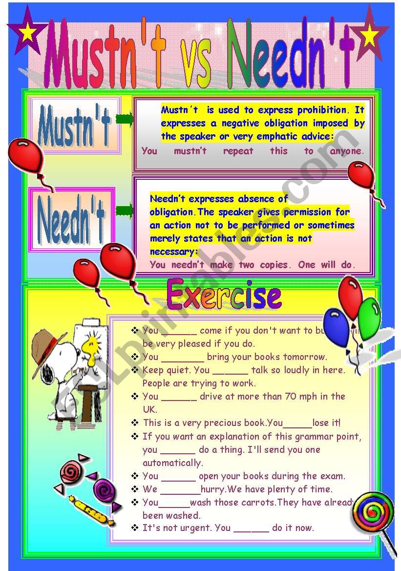 Mustn´t vs Needn´t - ESL worksheet by demmieb