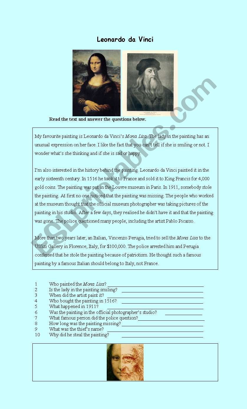 Leonardo da Vinci´s Mona Lisa - ESL worksheet by jolezu