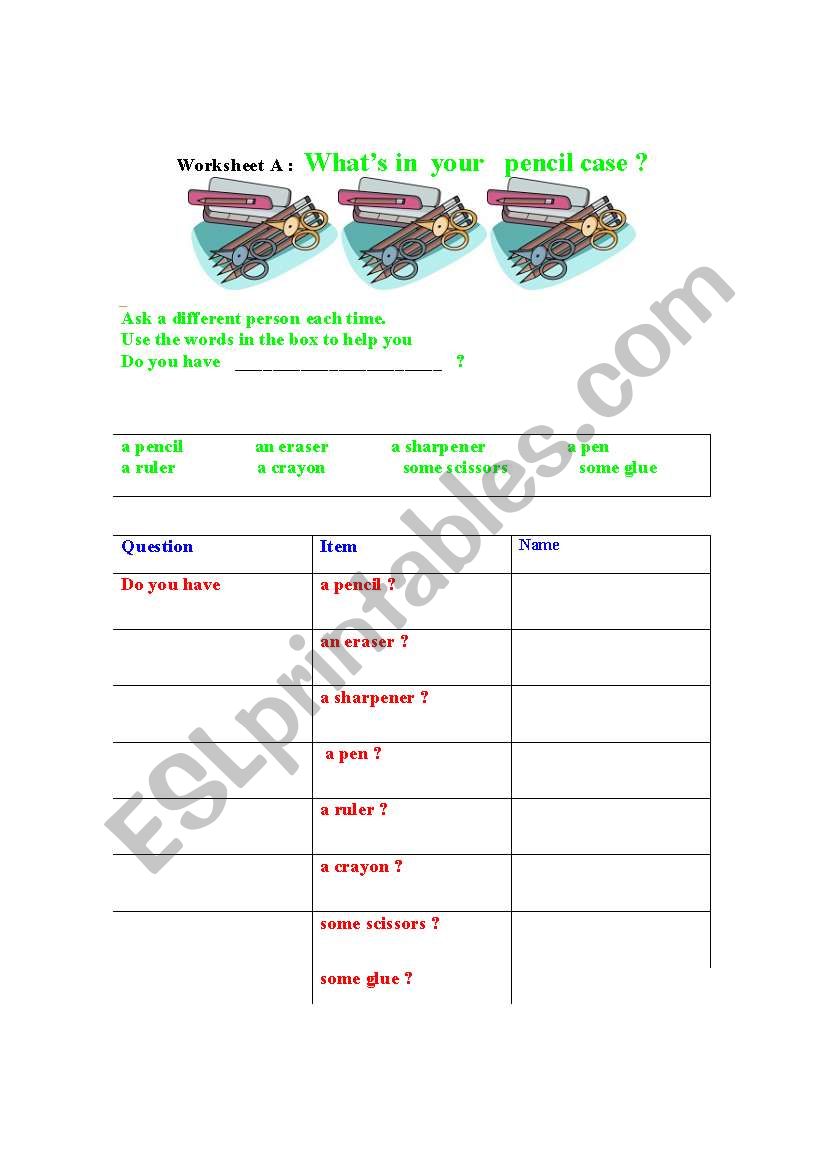 English worksheets: What´s in your pencil case
