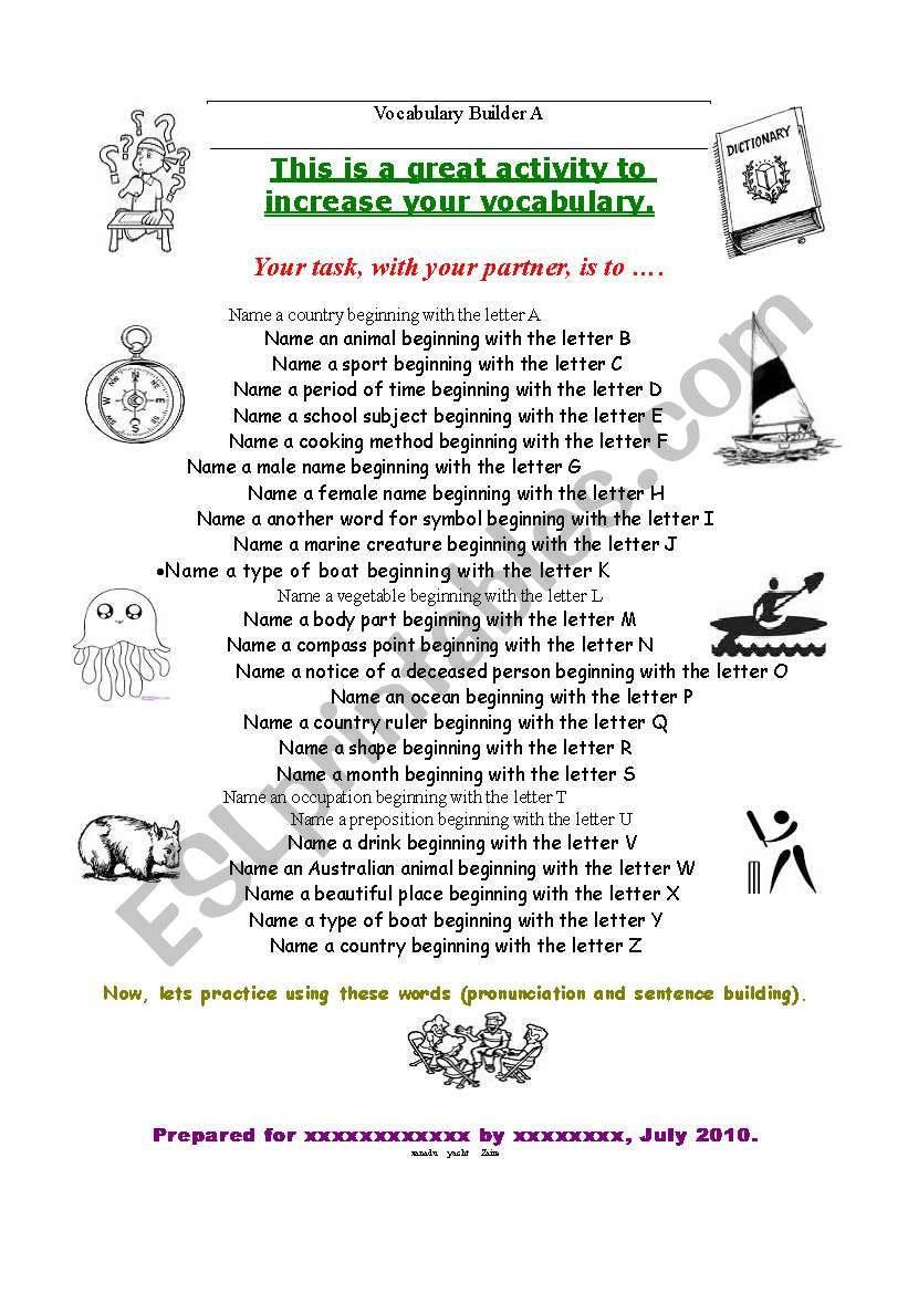 Vocabulary Builder A ^: ^all levels ^:^ - ESL worksheet by Noel L