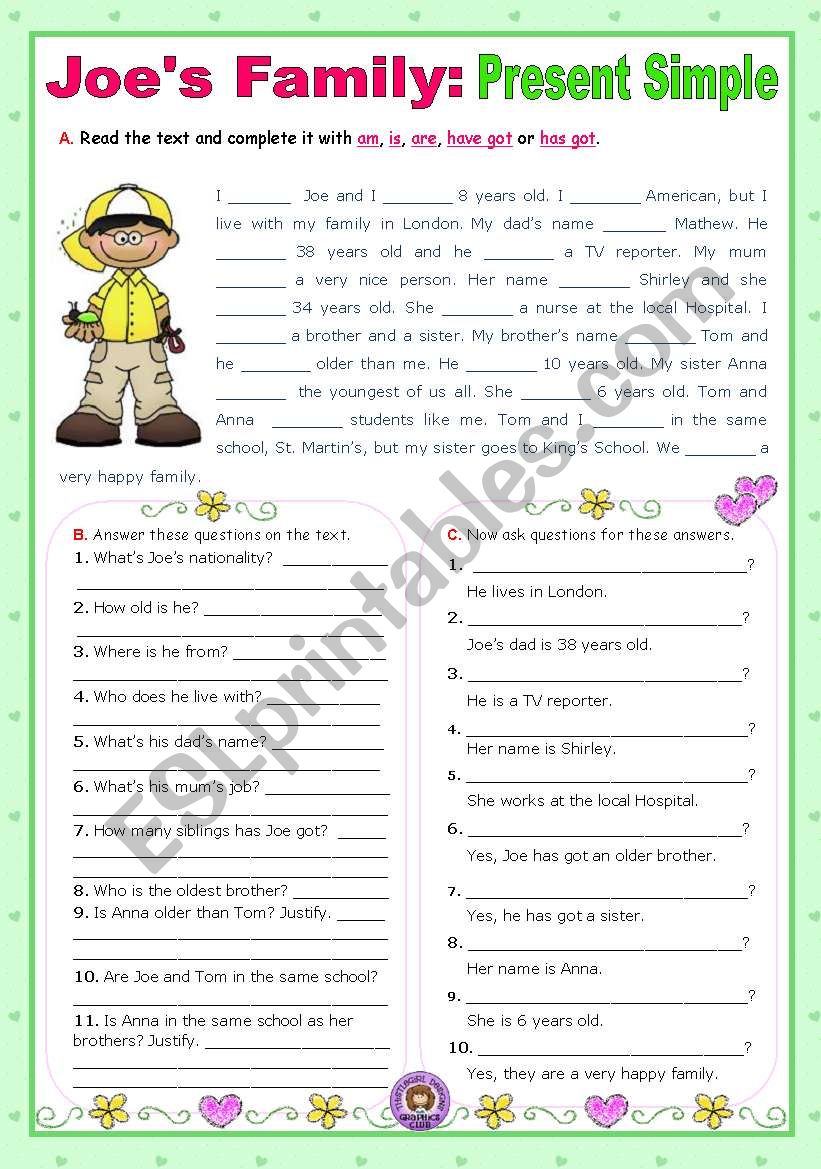 Joe´s Family - Verbs To Be & Have Got - Simple Present - ESL worksheet ...