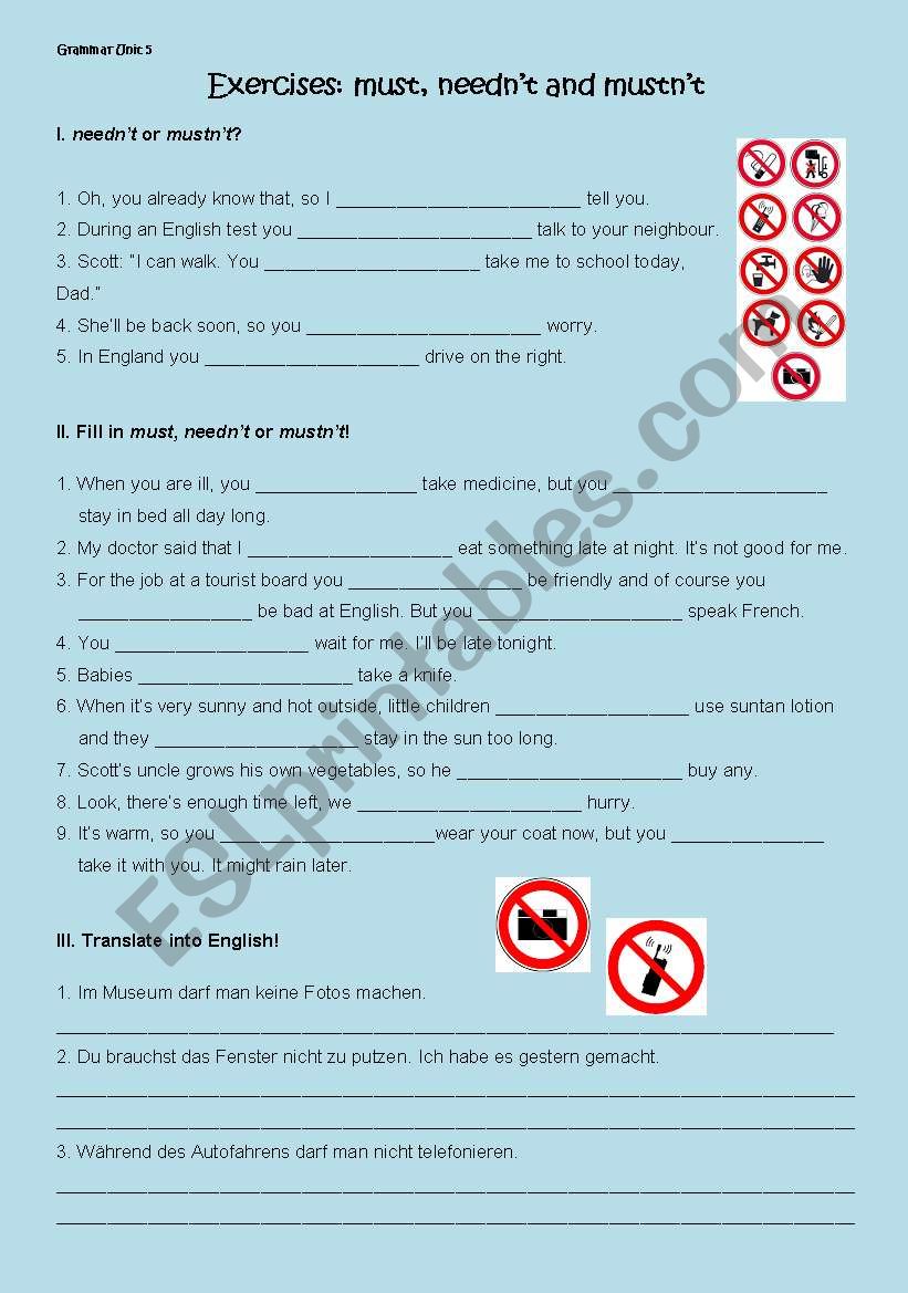 Must, needn´t, mustn´t TWO PAGES - ESL worksheet by sneshorn