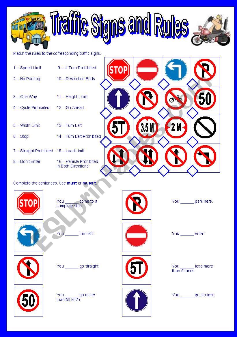 Traffic Signs and Rules-Must and Mustn´t - ESL worksheet by superma