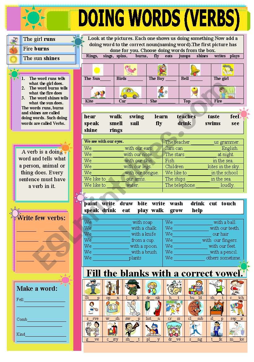 Doing Words verbs ESL Worksheet By Jhansi