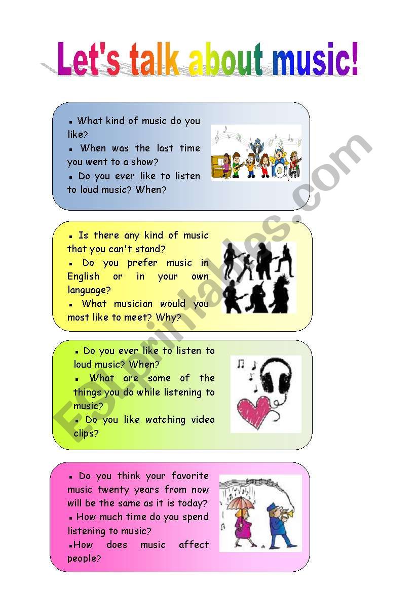 CONVERSATION CARDS: LETÂ´S TAL K ABOUT MUSIC - ESL worksheet by Do carmo