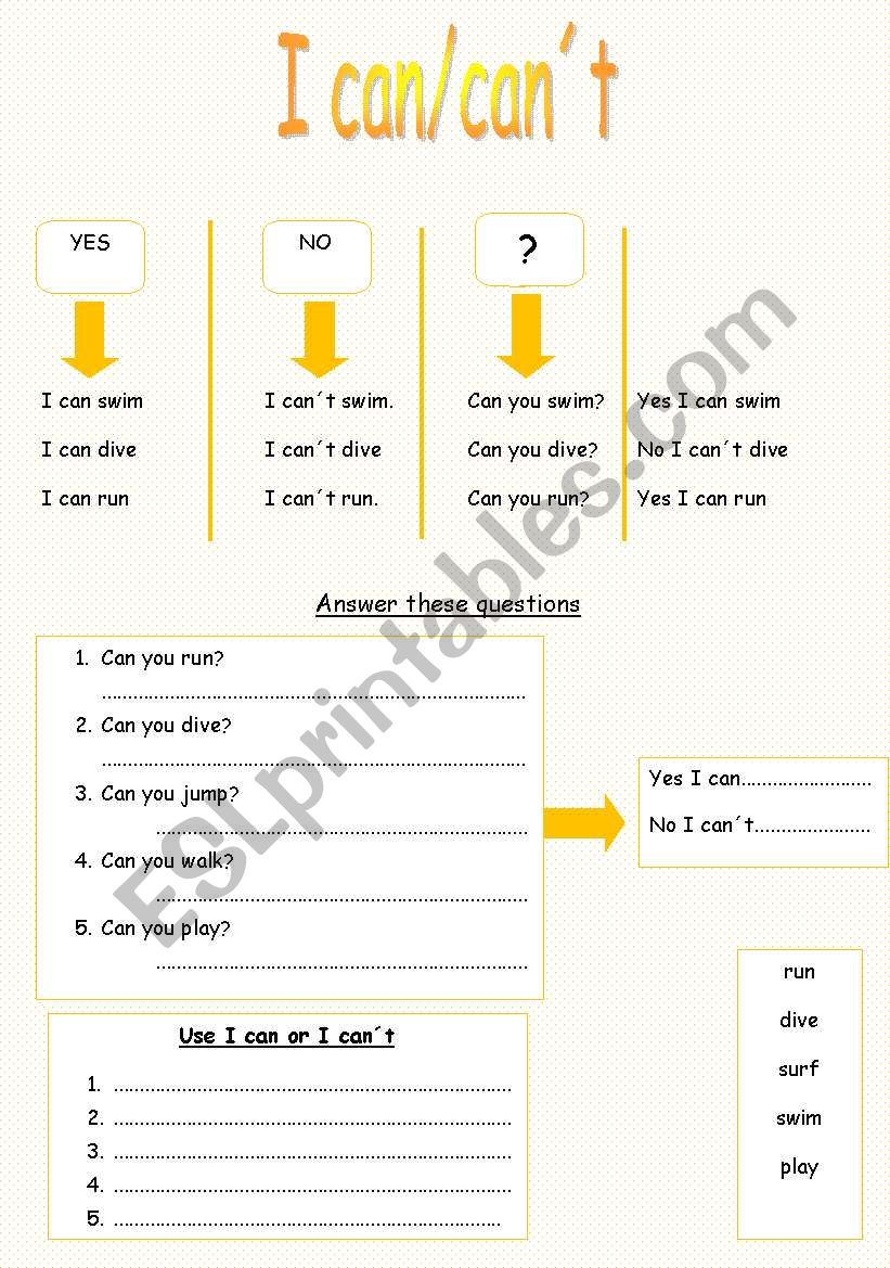 I can/ I can´t/Can you? - ESL worksheet by Jackie1952