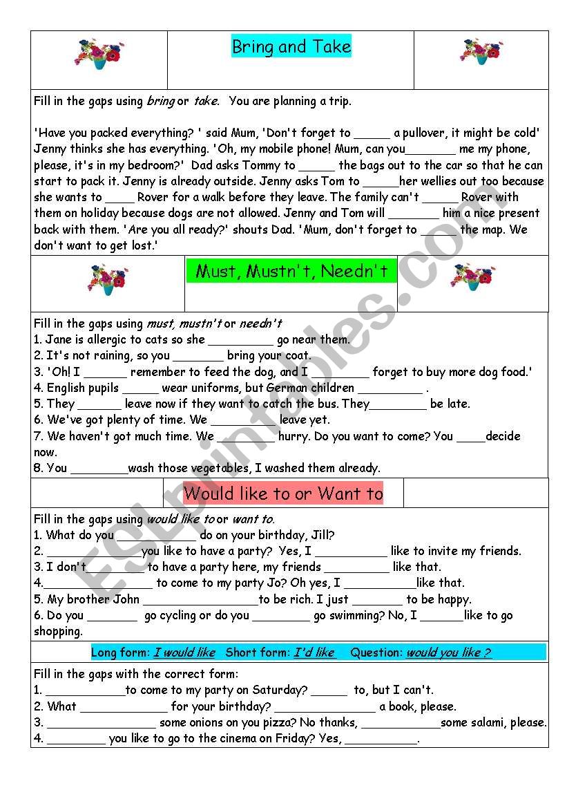 bring take, would like to, want to, must mustn´t needn´t - ESL ...
