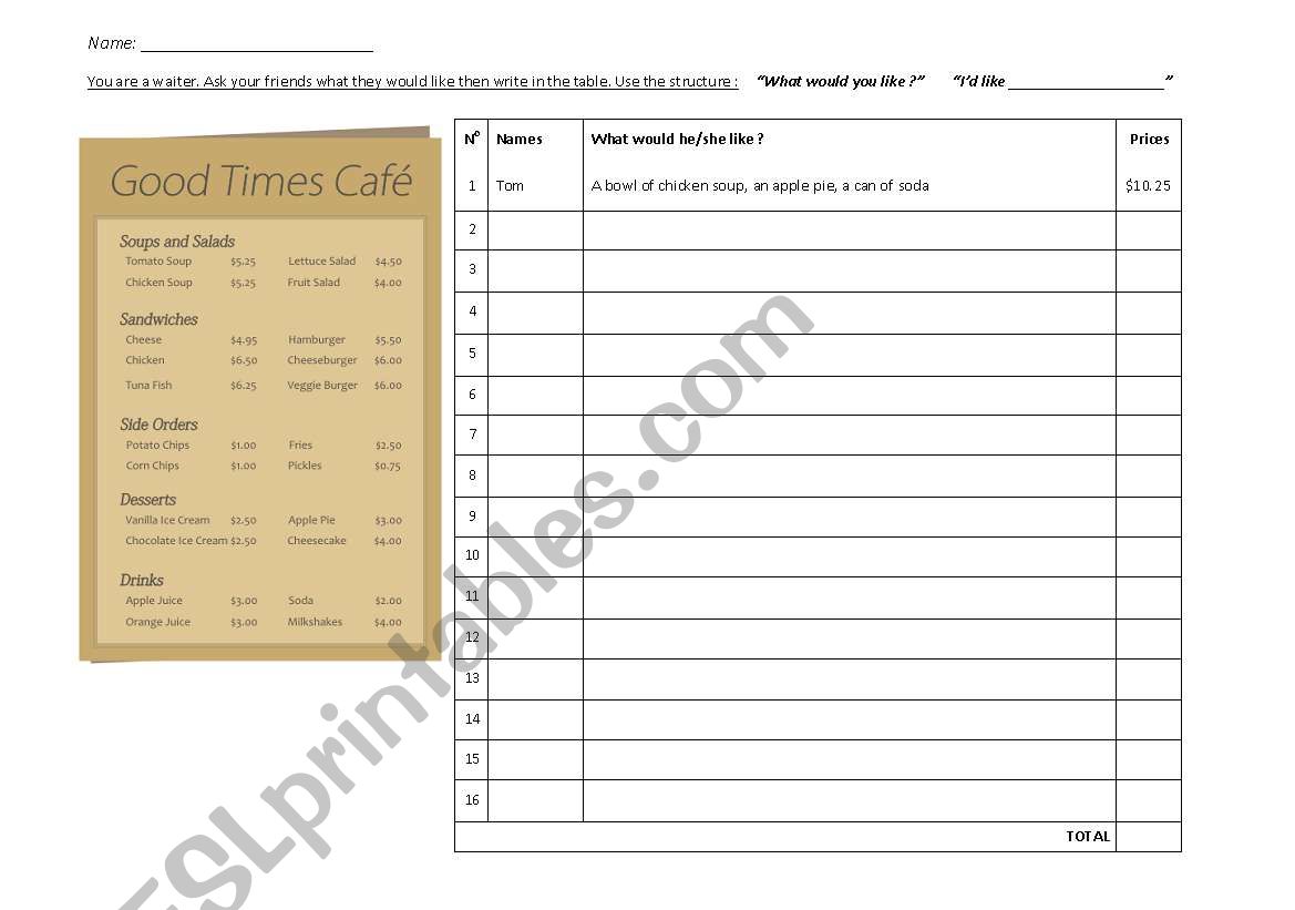 English worksheets: WHAT WOULD YOU LIKE? i´D LIKE