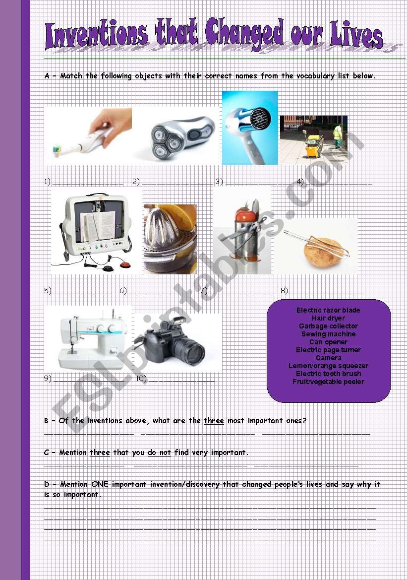Inventions that changed people´s lives - ESL worksheet by Ana B