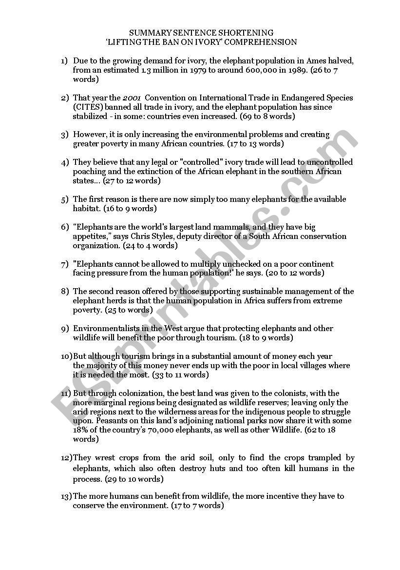 English worksheets: Summary Practice: Sentence Brevity (GCE ´O´ Levels)