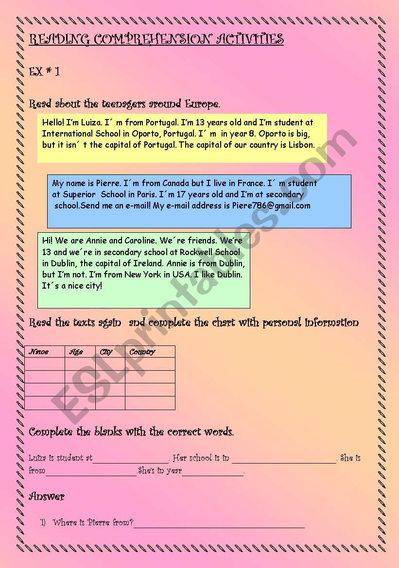 Reading Comprehension Activities ESL Worksheet By Mblucc