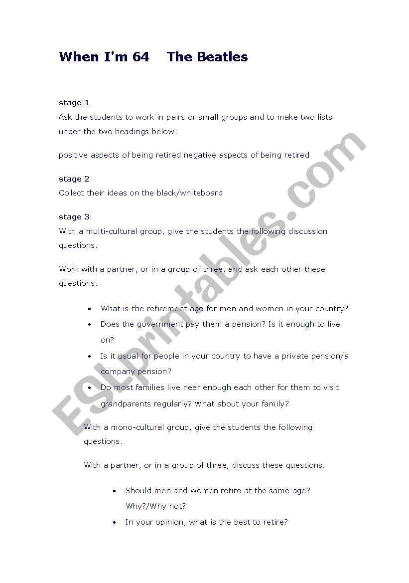 When I´m 64 by The Beatles - ESL worksheet by DanyRapi
