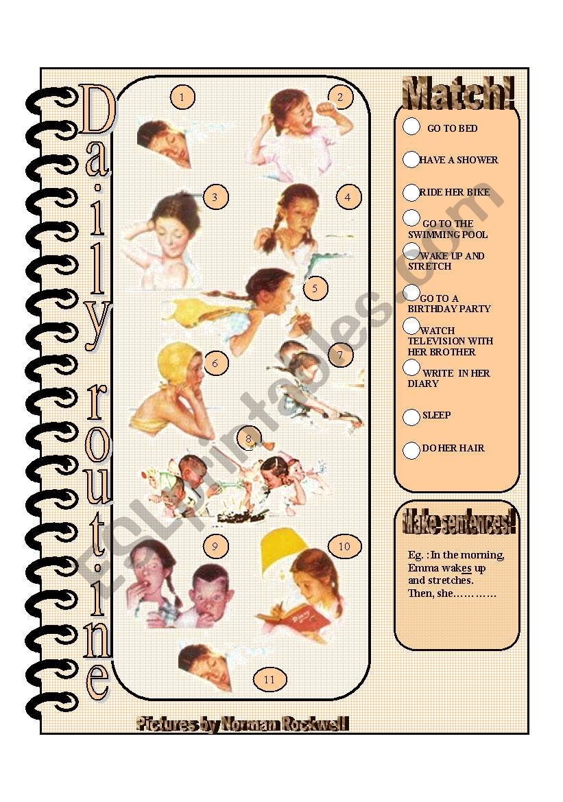 A girl´ s daily routine- matching- - ESL worksheet by Blumette
