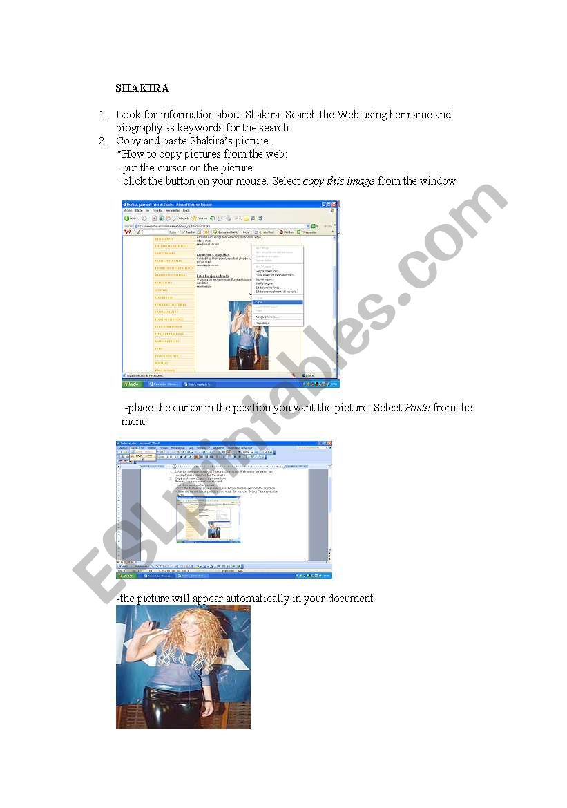 Shakira´s tutorial - ESL worksheet by kdalmau