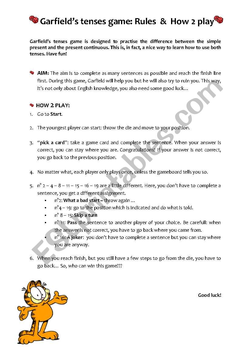 Garfield´s tenses game - rules & how 2 play - ESL worksheet by silenrock