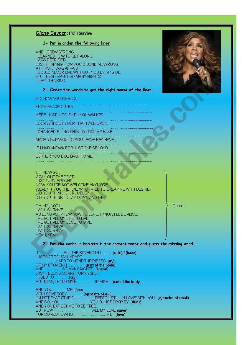 SONG " IÂ´LL SURVIVE" BY GLORIA GAYNOR - ESL worksheet by Angelesbi