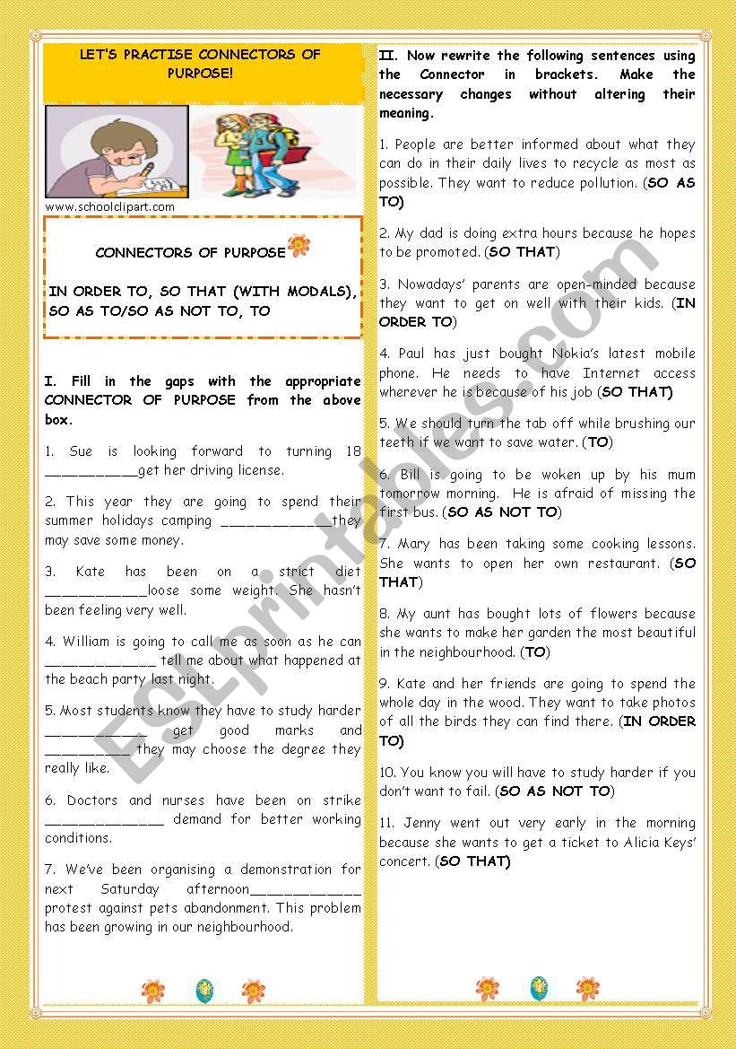 LET´S PRACTISE CONNECTORS OF PURPOSE! - ESL worksheet by teresapr