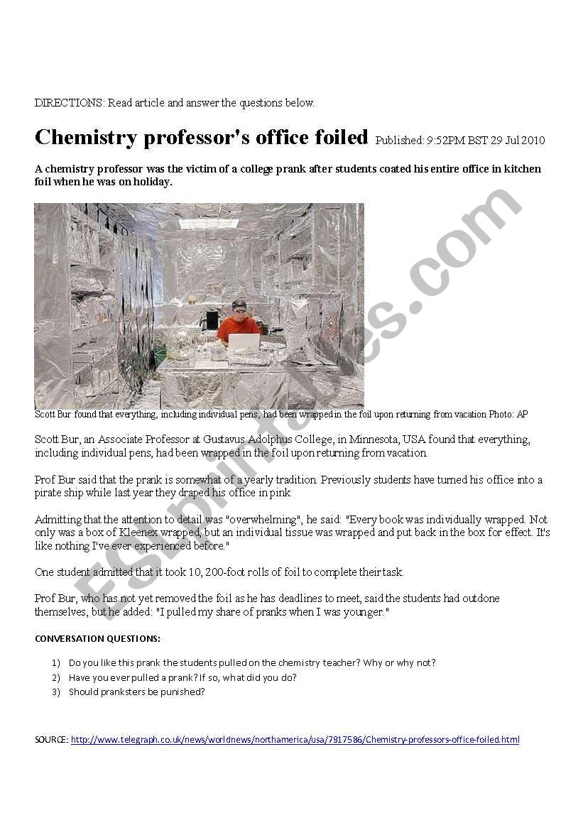 Article to read and discuss "Chemistry Professor´s Office Foiled" - ESL ...
