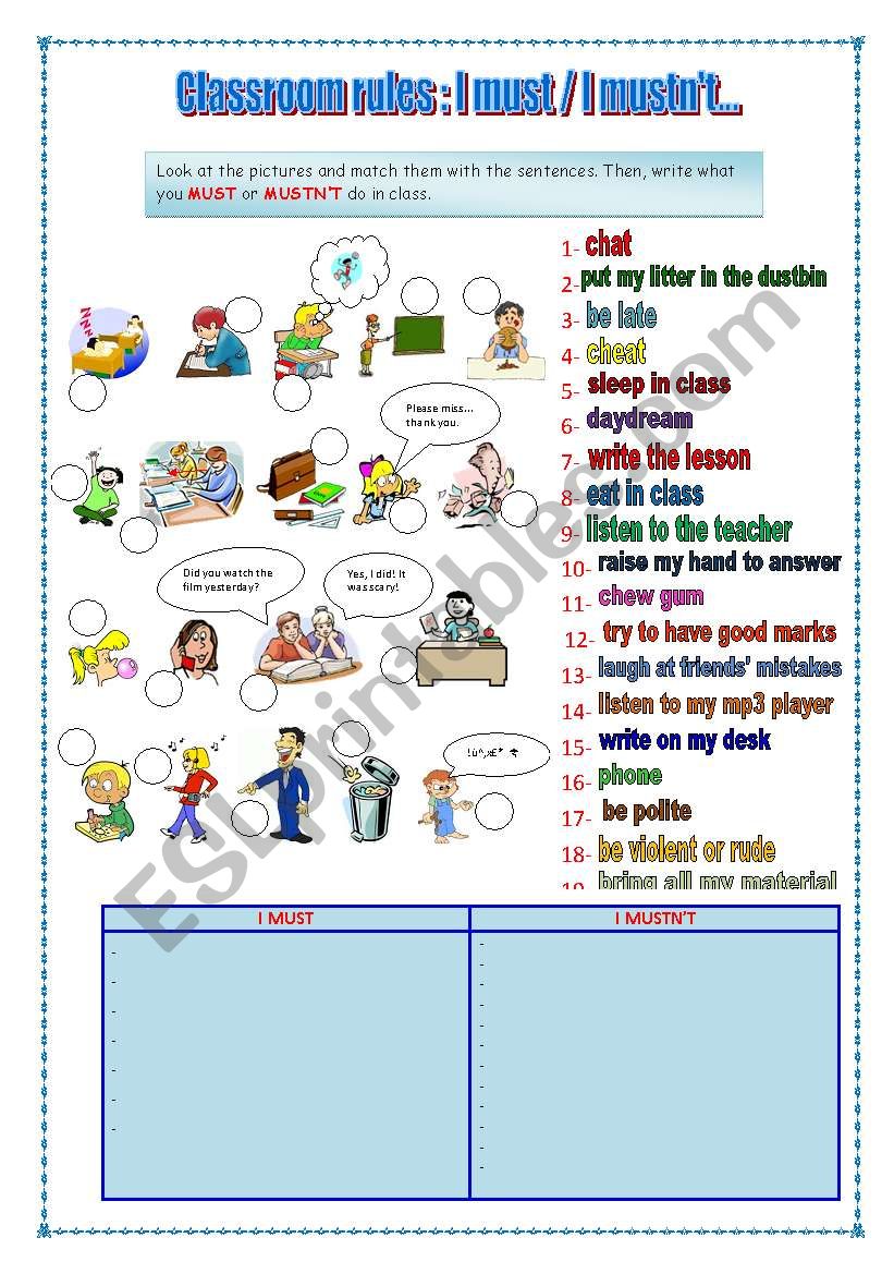 classroom rules : I must , I mustn´t - ESL worksheet by reb77