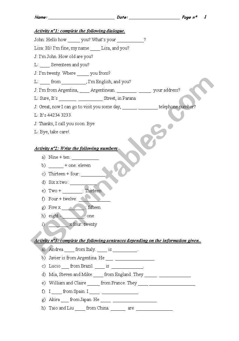 English worksheets: Elementary test nº1