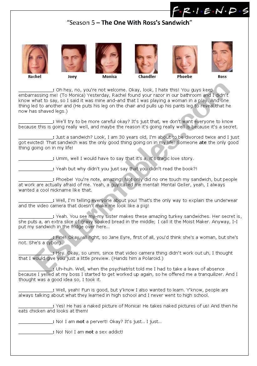 FRIENDS: THE ONE WITH ROSS´ SANDWICH - ESL worksheet by julicwb