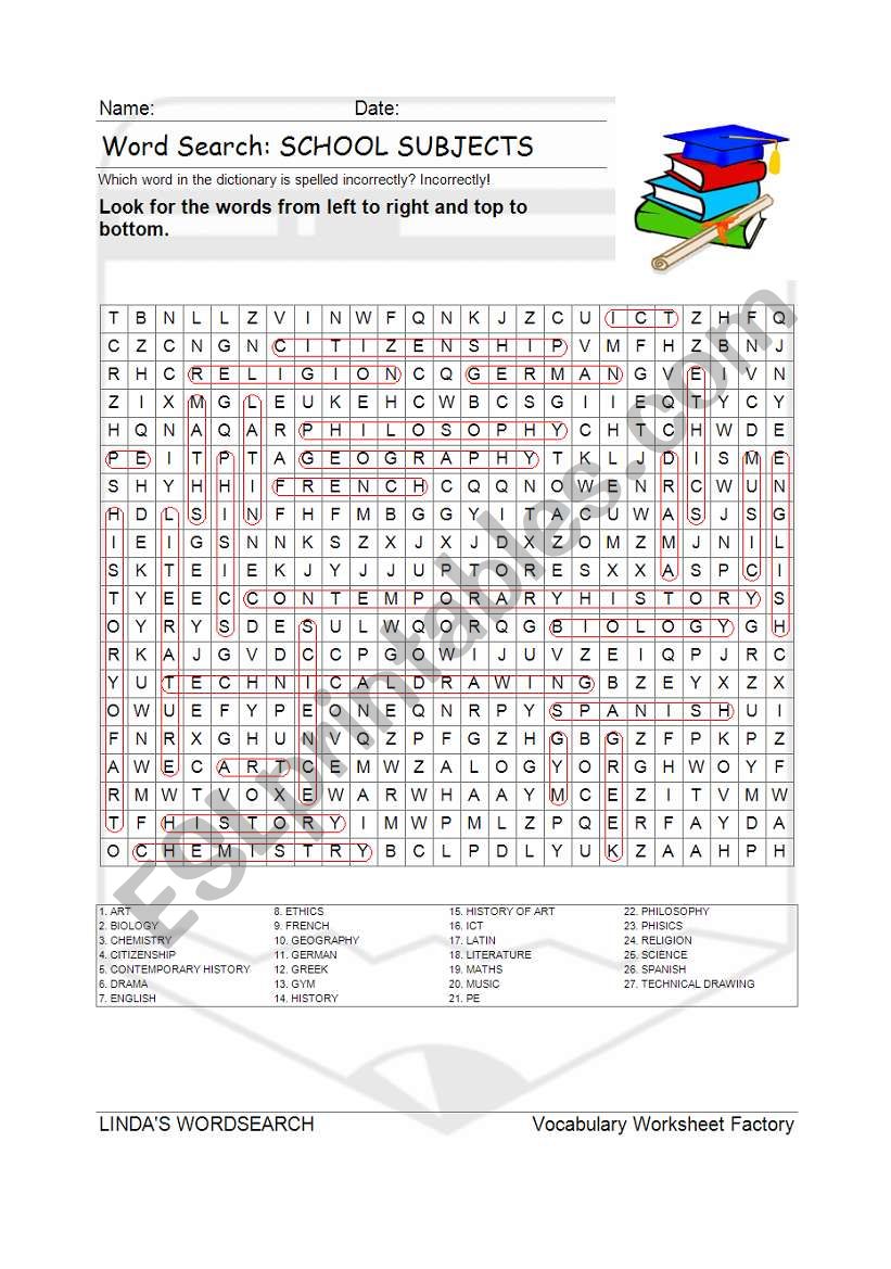 School Subjects Word Search Back To School Worksheet | Word Search