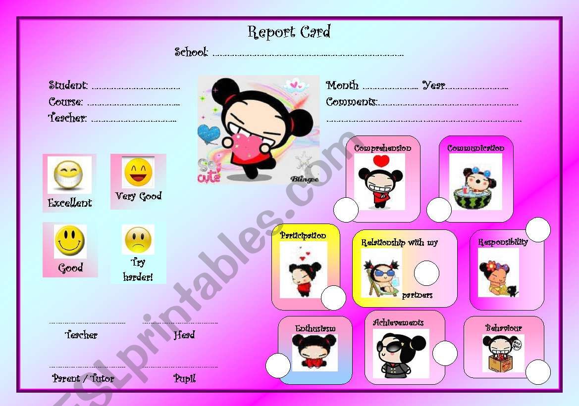 Report Card - Girls´ version - - ESL worksheet by greta2011