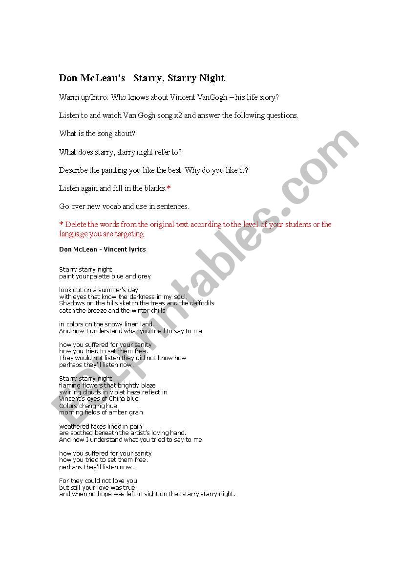 Don McLean´s Starry, Starry Night - ESL worksheet by safia