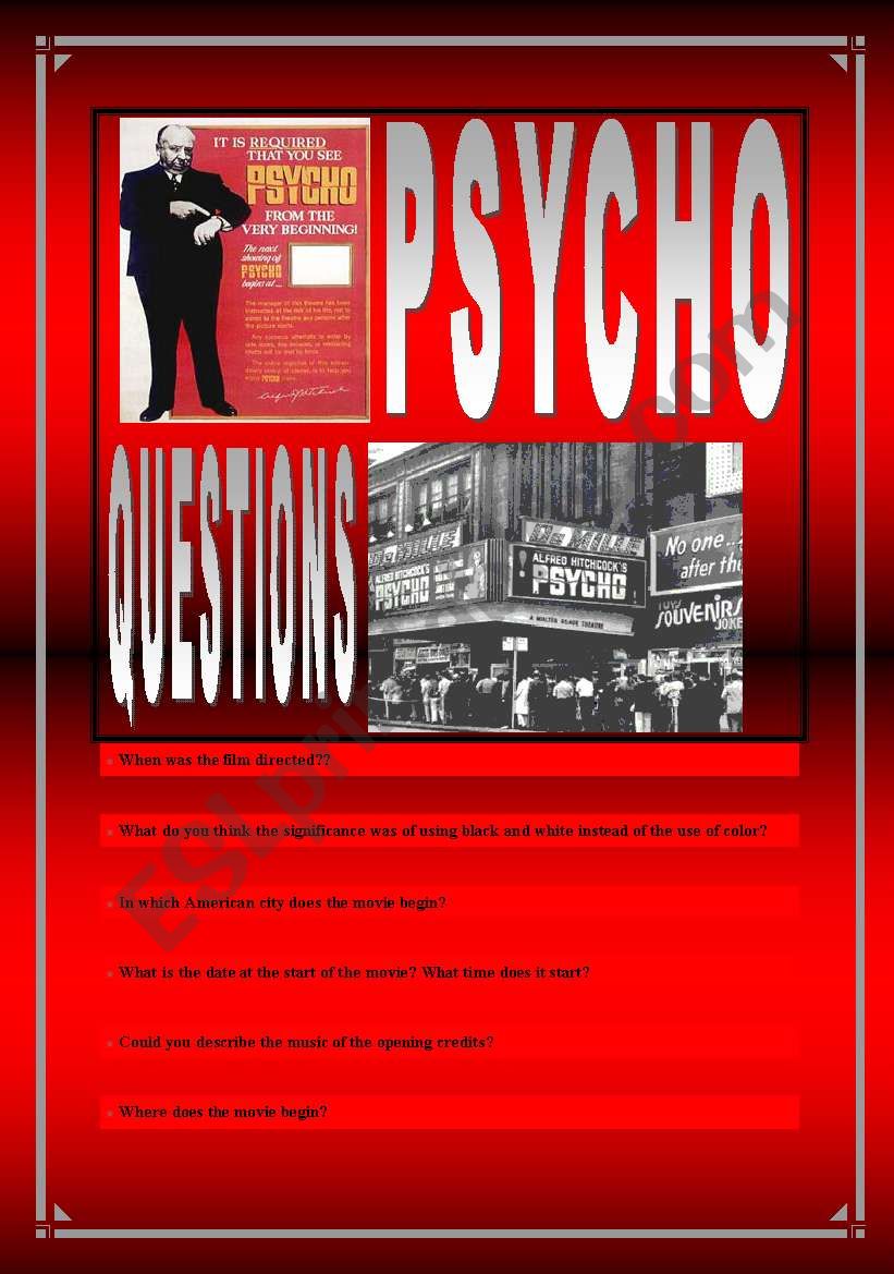 HITCHCOCK ´S PSYCHO (3/5) - Movie Questions (12 pages) - ESL worksheet ...