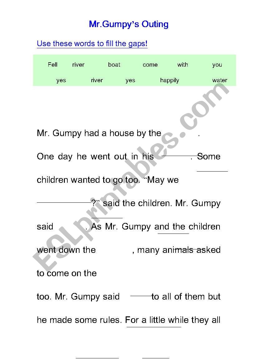 English worksheets: Mr.Gumpy´s Outing