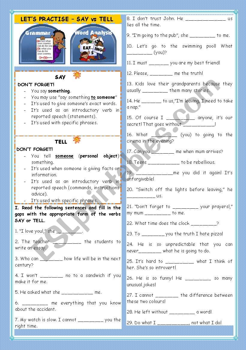 LET´S PRACTISE : SAY vs TELL - ESL worksheet by teresapr
