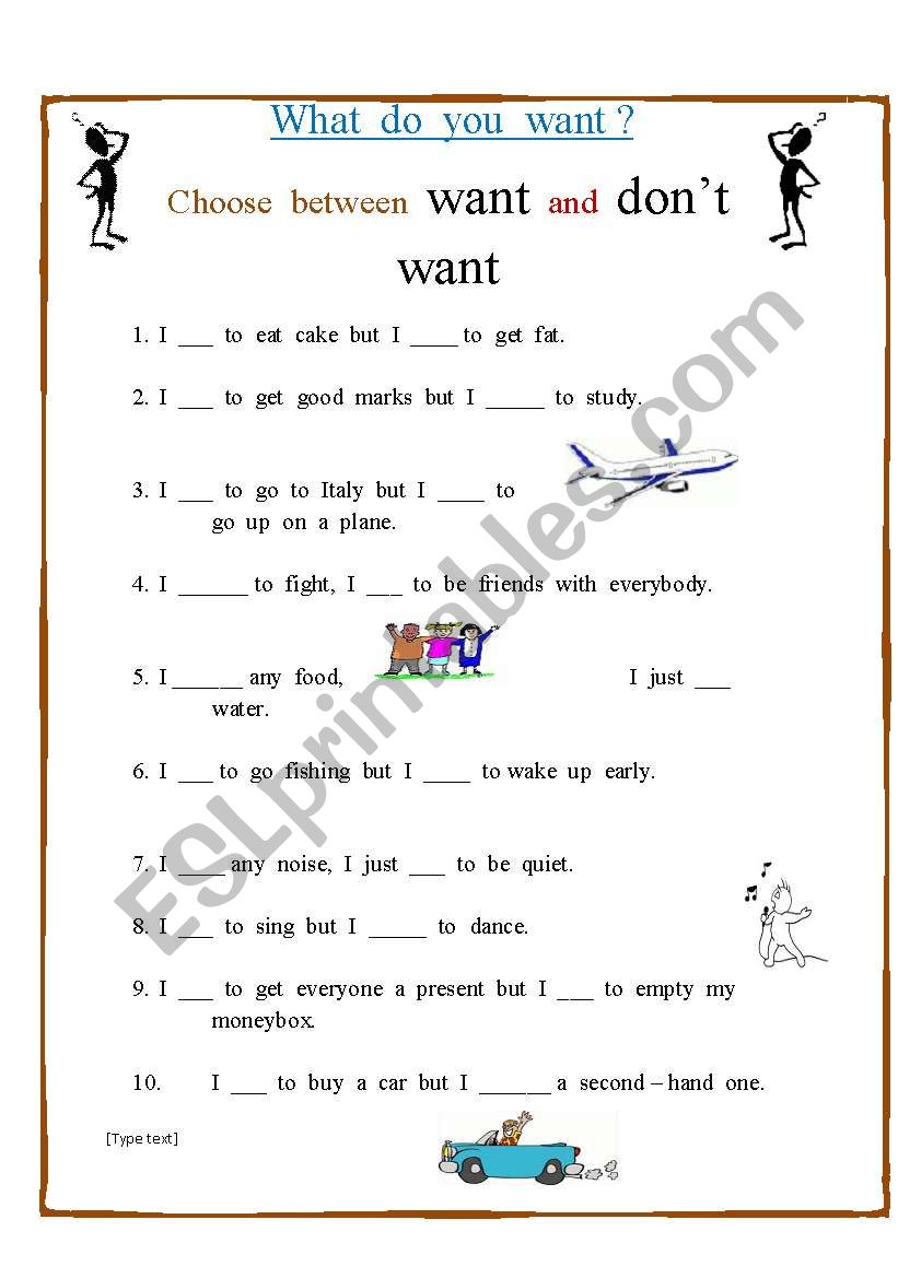 English worksheets: want / don´t want