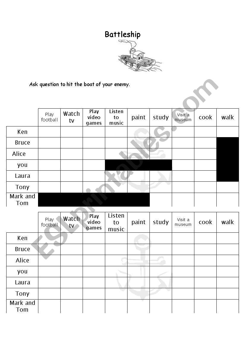 English worksheets: let´s play battleship