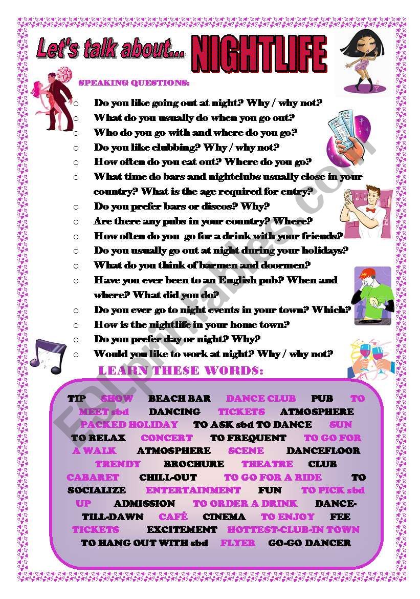 LET´S TALK ABOUT NIGHTLIFE (SPEAKING SERIES 68) - ESL worksheet by joebcn